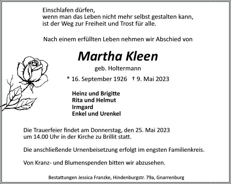 Martha Kleen Martha Kleen: Traueranzeige : Bremervörder Zeitung