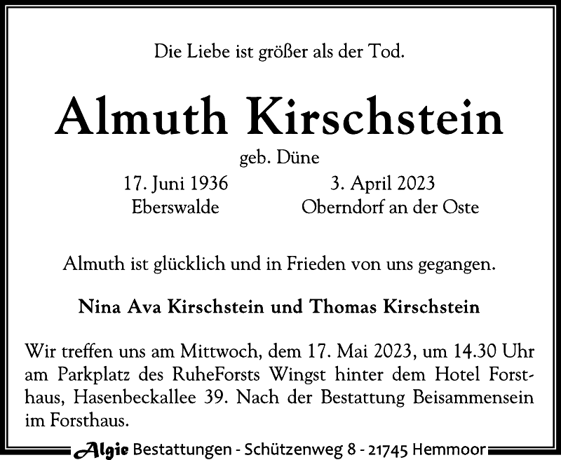 Almuth Kirschstein: Traueranzeige : Niederelbe-Zeitung