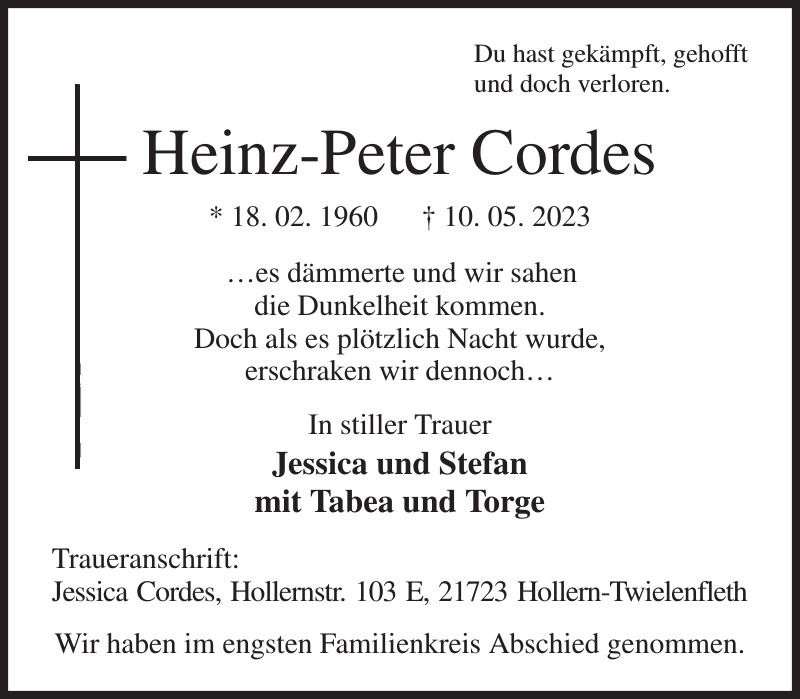 Heinz Peter Cordes: Traueranzeige : Stader Tageblatt