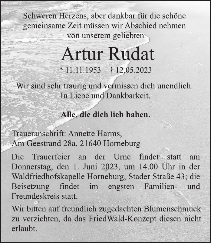 Artur Rudat: Traueranzeige : Stader Tageblatt