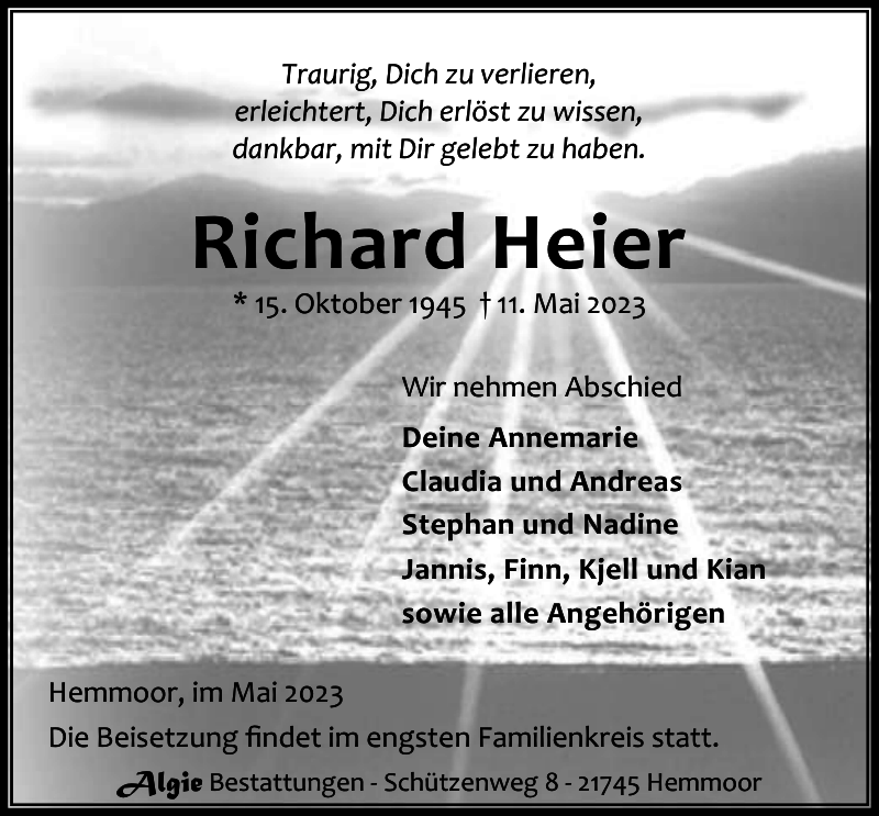 Richard Heier: Traueranzeige : Niederelbe-Zeitung Richard Heier: Traueranzeige : Niederelbe-Zeitung