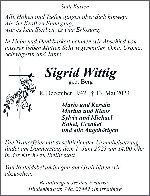 Sigrid Wittig: Traueranzeige : Bremervörder Zeitung