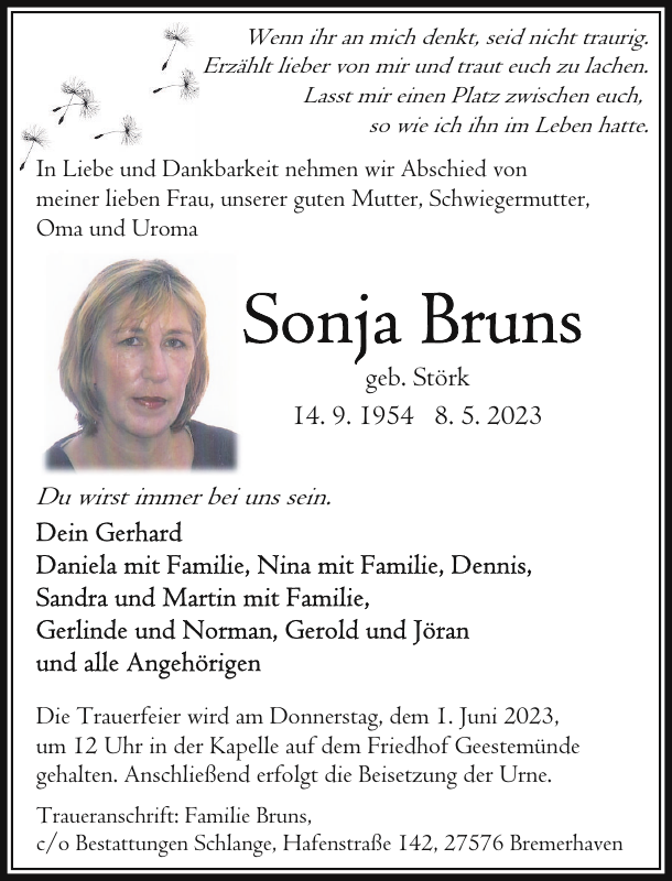 Sonja Bruns geb. Störk: Gedenken : Nordsee-Zeitung