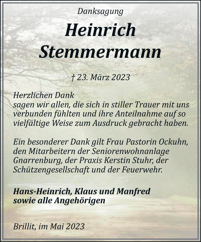Heinrich Stemmermann: Danksagung : Bremervörder Zeitung
