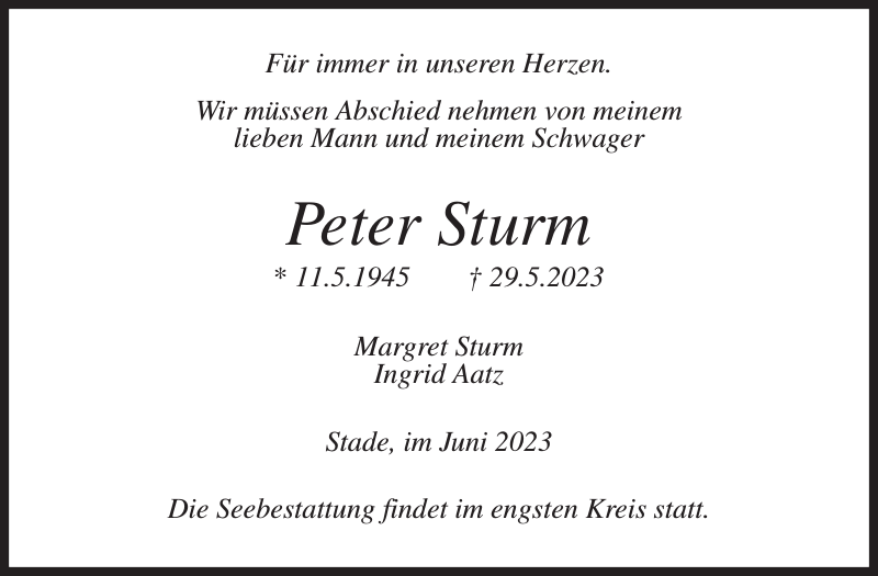 Peter Sturm: Traueranzeige : Stader Tageblatt