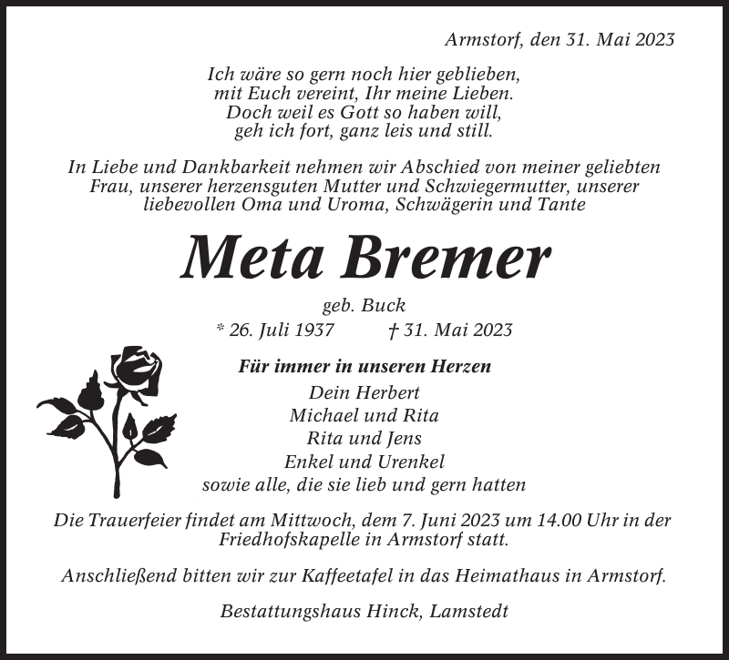 Meta Bremer : Traueranzeige : Niederelbe-Zeitung