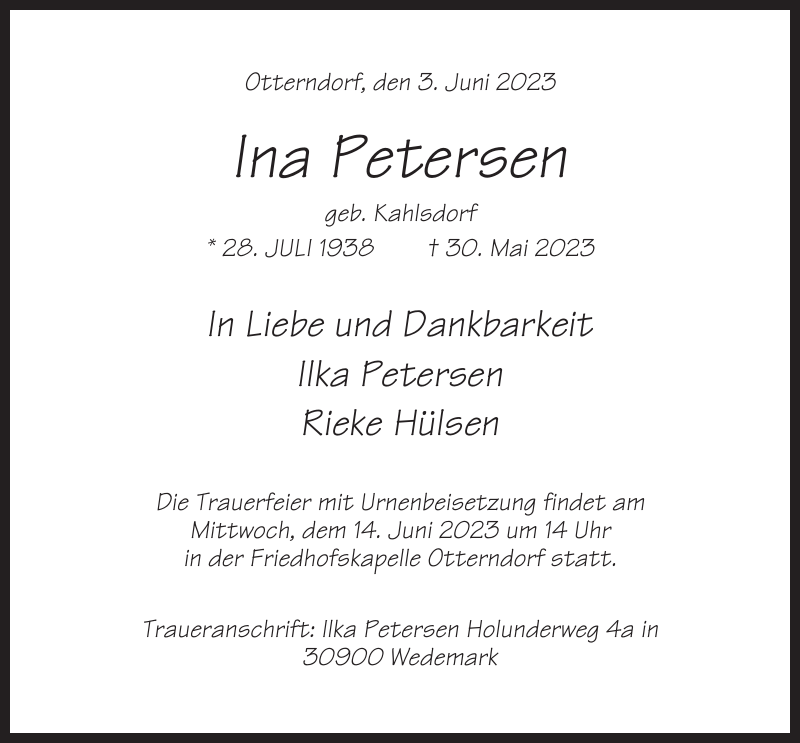 Ina Petersen: Traueranzeige : Niederelbe-Zeitung