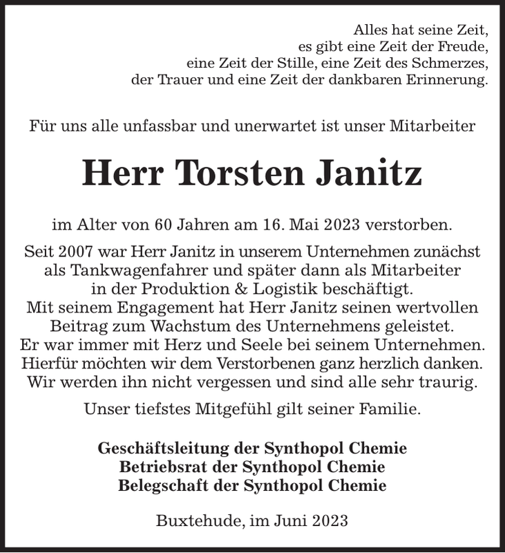 Torsten Janitz: Nachruf : Stader Tageblatt