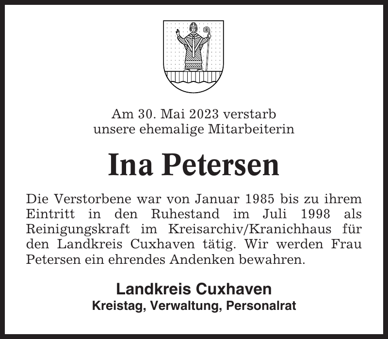 Ina Petersen: Gedenken : Niederelbe-Zeitung