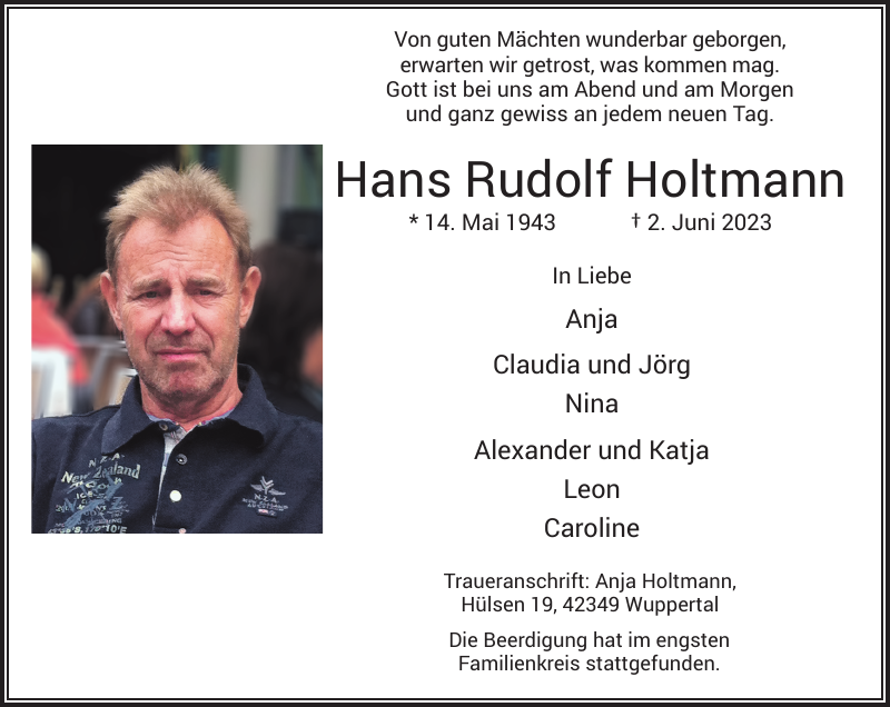 Hans Rudolf Holtmann: Traueranzeige : Westdeutsche Zeitung