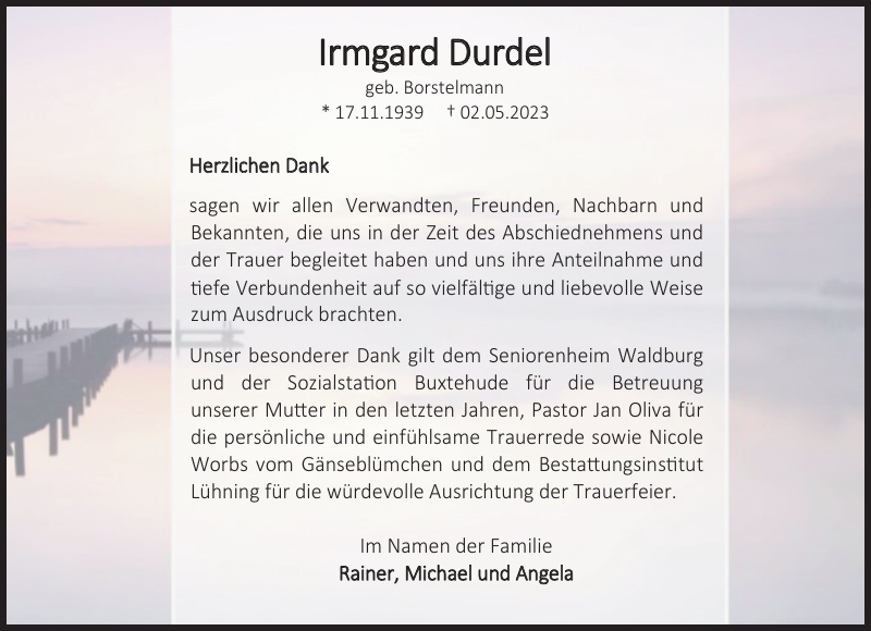 Irmgard Durdel : Danksagung : Stader Tageblatt