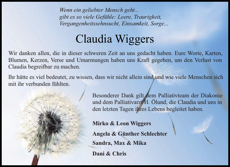 Claudia Wiggers: Danksagung : Cuxhavener Nachrichten