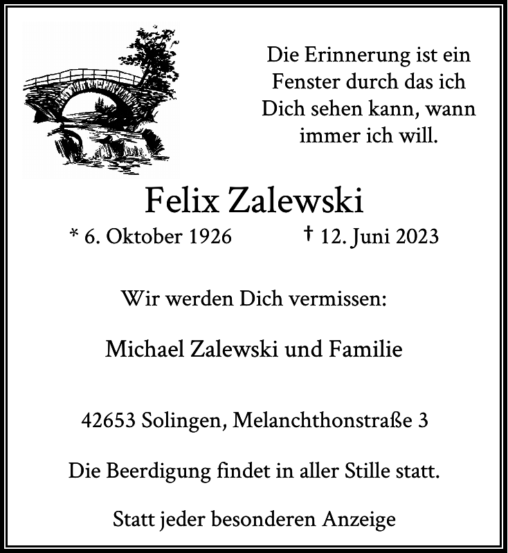 Felix Zalewski: Traueranzeige : Westdeutsche Zeitung