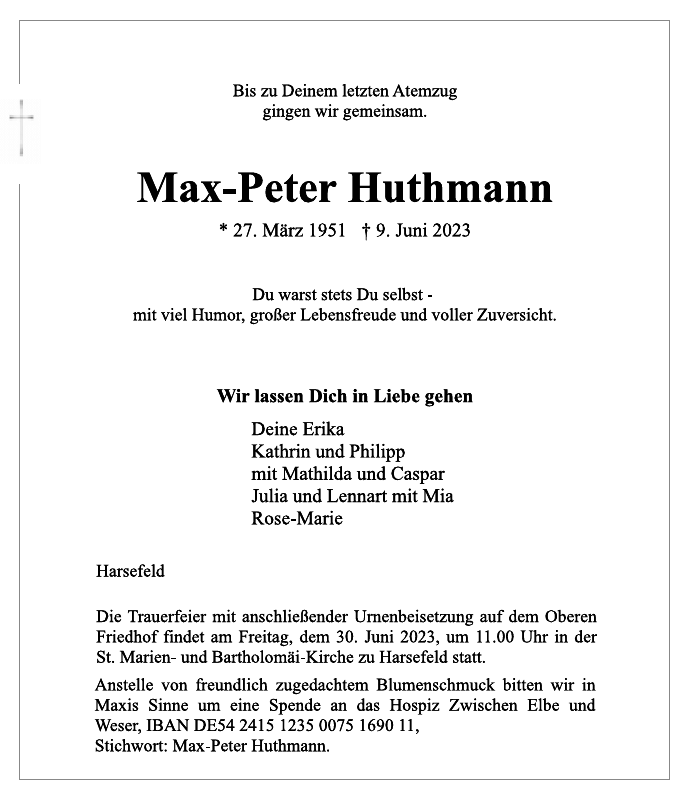 Max-Peter Huthmann: Traueranzeige : Stader Tageblatt