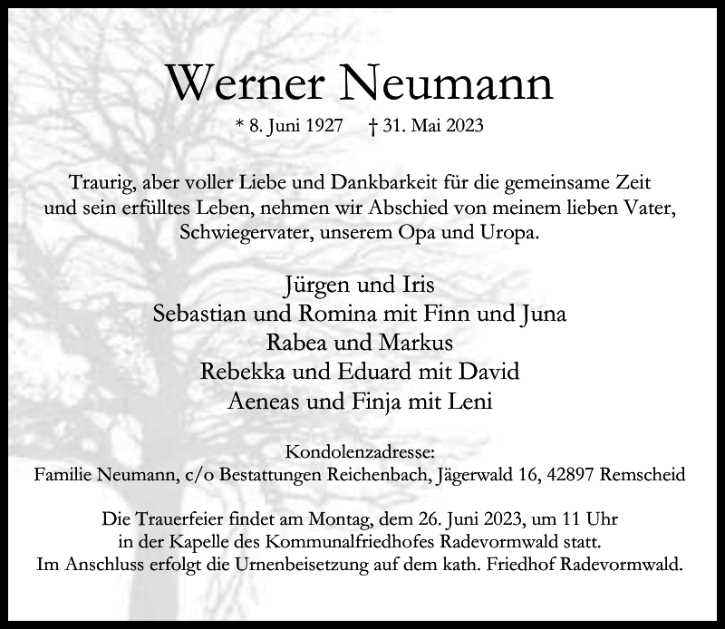 Werner Neumann: Traueranzeige : Remscheider General-Anzeiger