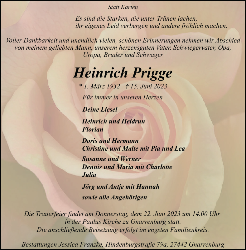 Heinrich Prigge : Traueranzeige : Bremervörder Zeitung