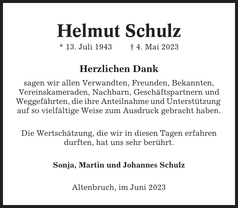 Helmut Schulz: Danksagung : Cuxhavener Nachrichten