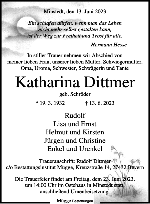 Katharina Dittmer: Traueranzeige : Bremervörder Zeitung