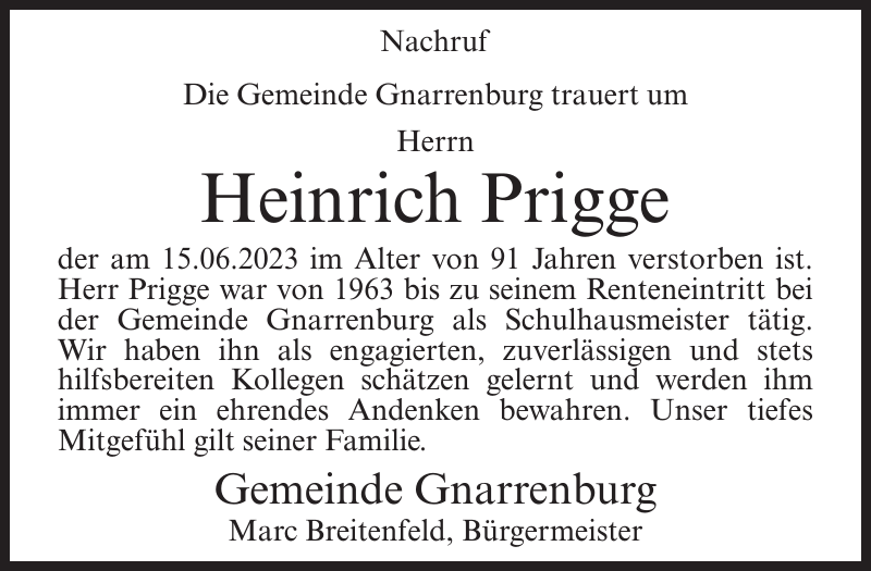 Heinrich Prigge: Nachruf : Bremervörder Zeitung