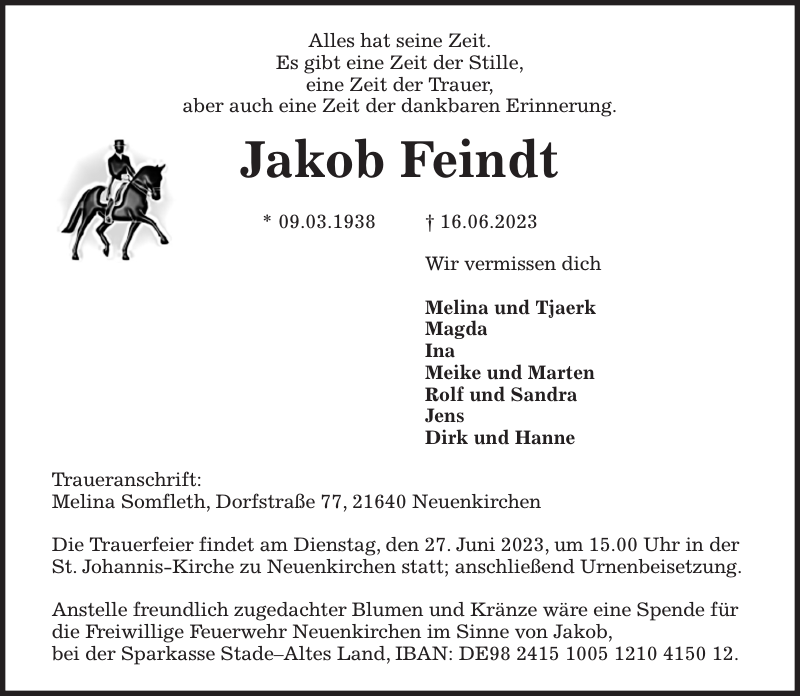 Jakob Feindt: Traueranzeige : Stader Tageblatt