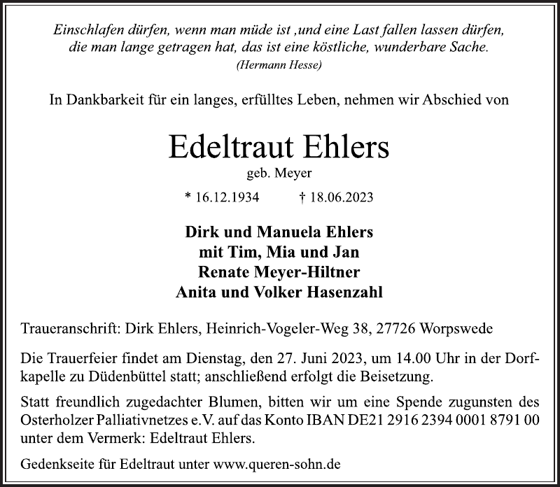 Edeltraut Ehlers: Traueranzeige : Stader Tageblatt