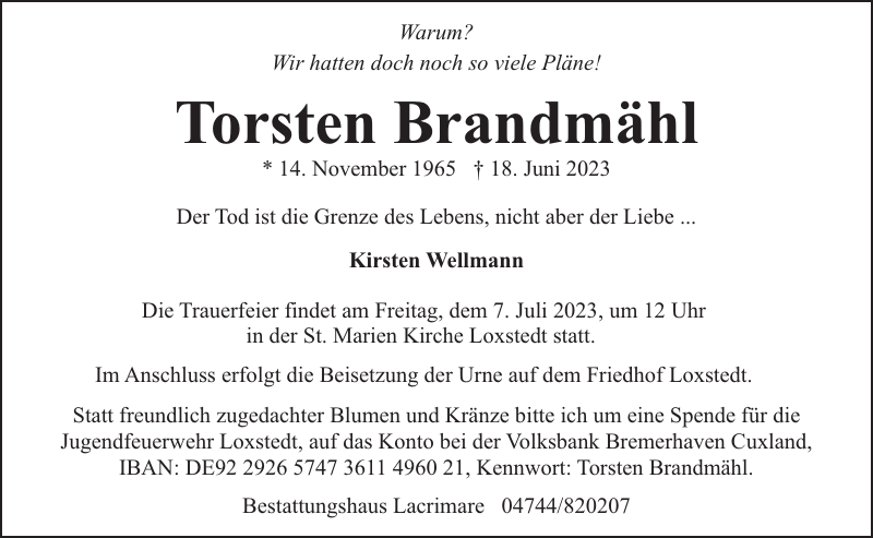 Torsten Brandmähl: Gedenken : Nordsee-Zeitung