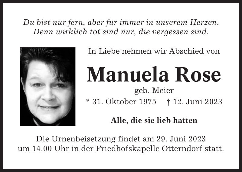 Manuela Rose: Traueranzeige : Cuxhavener Nachrichten