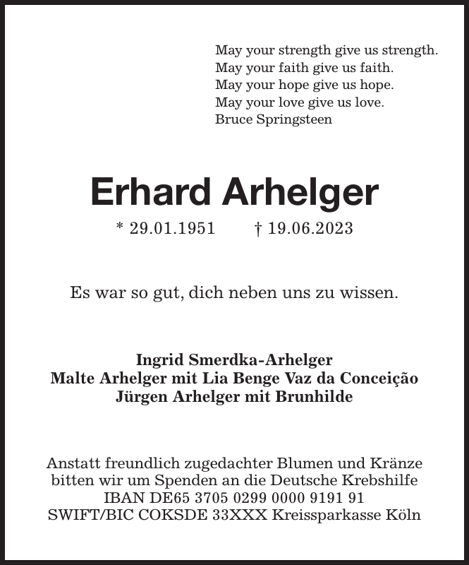 Erhard Arhelger: Traueranzeige : Stader Tageblatt