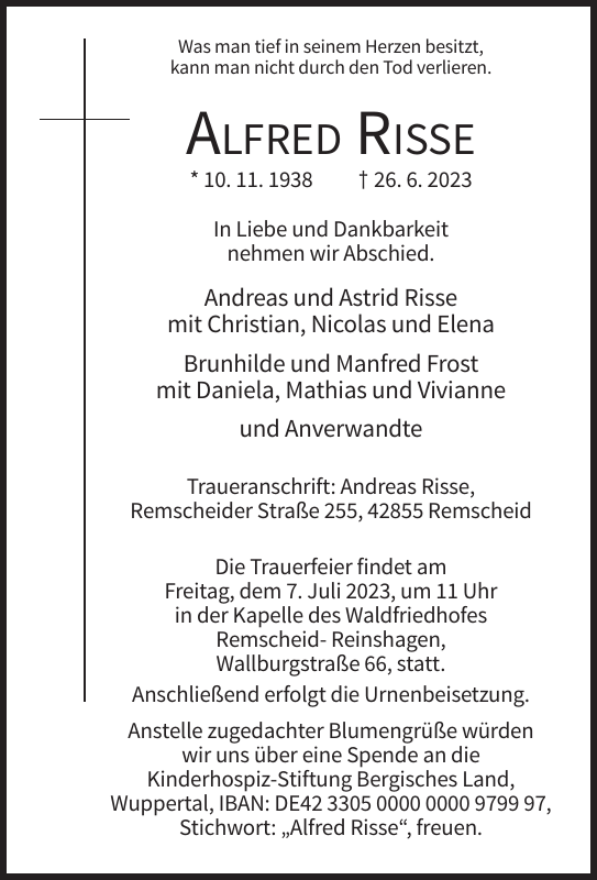 Alfred Risse: Traueranzeige : Remscheider General-Anzeiger