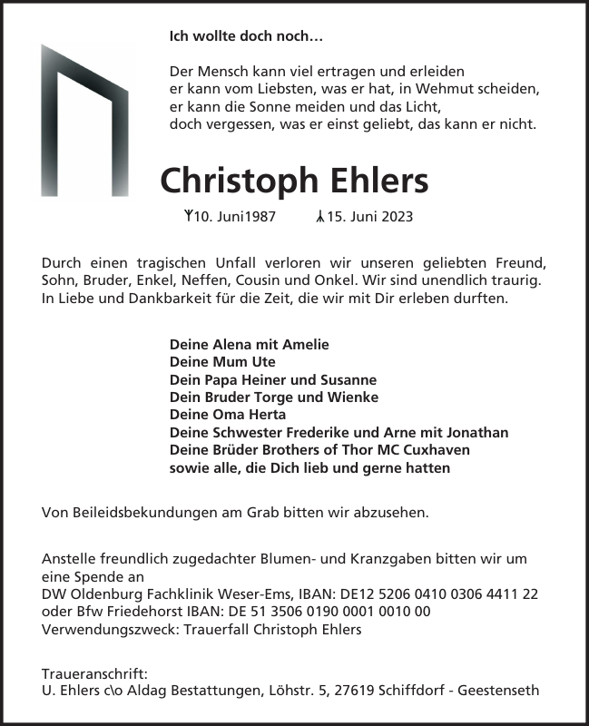 Christoph Ehlers: Gedenken : Nordsee-Zeitung