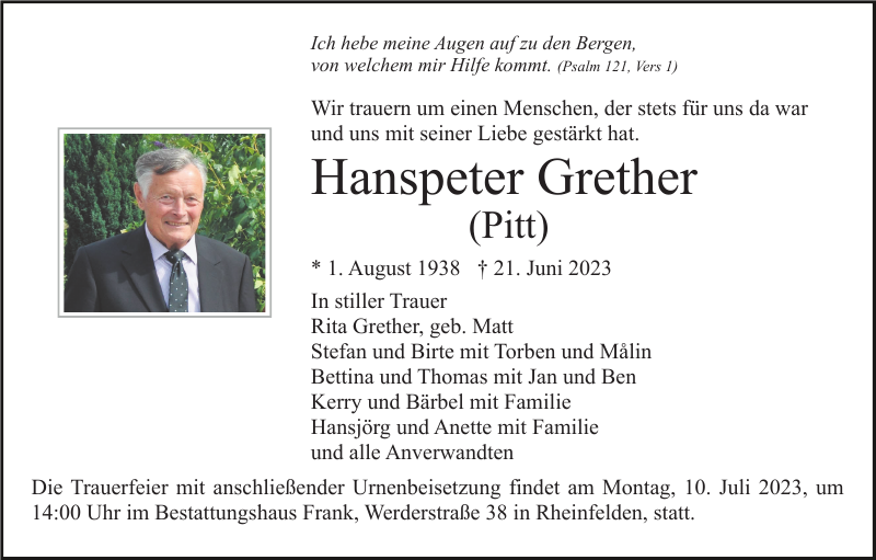 Hanspeter Grether: Traueranzeige : Badische Zeitung