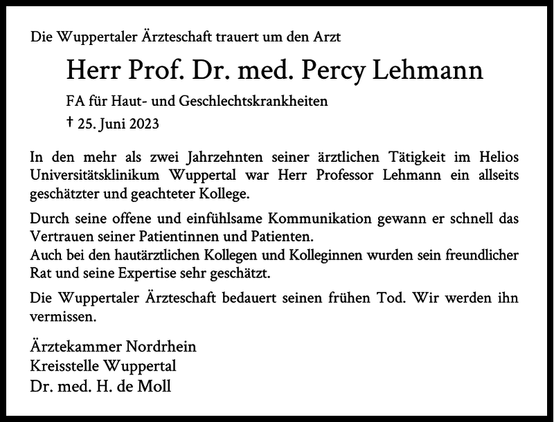Prof. Dr. med. Percy Lehmann: Nachruf : Westdeutsche Zeitung
