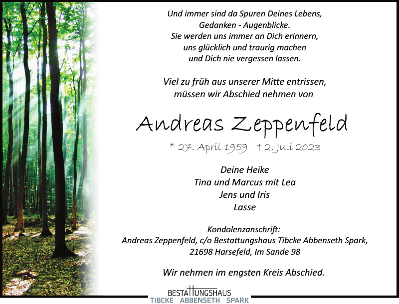 Andreas Zeppenfeld: Traueranzeige : Stader Tageblatt