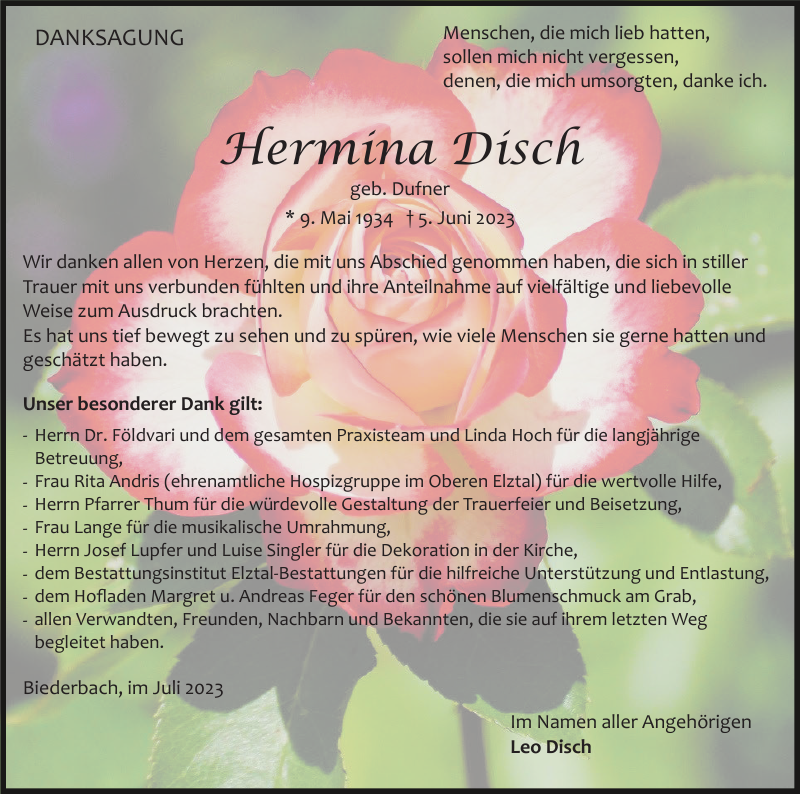 Hermina Disch: Danksagung : Badische Zeitung