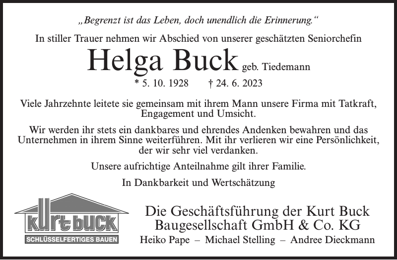 Helga Buck : Nachruf : Bremervörder Zeitung