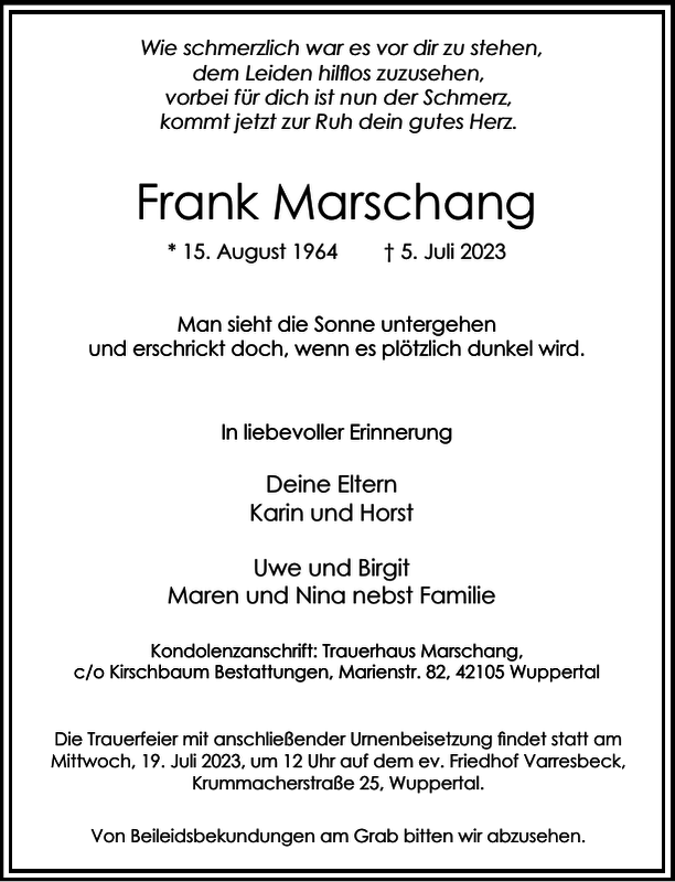 Frank Marschang: Traueranzeige : Westdeutsche Zeitung