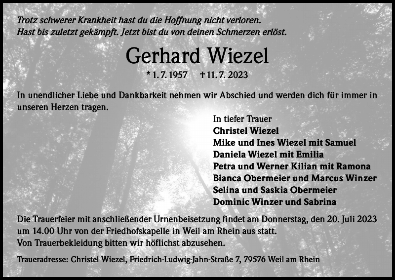 Gerhard Wiezel: Traueranzeige : Badische Zeitung