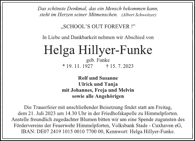Helga Hillyer-Funke: Traueranzeige : Stader Tageblatt