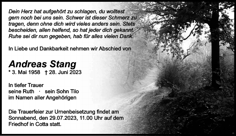 Andreas Stang: Traueranzeige : Sächsische Zeitung