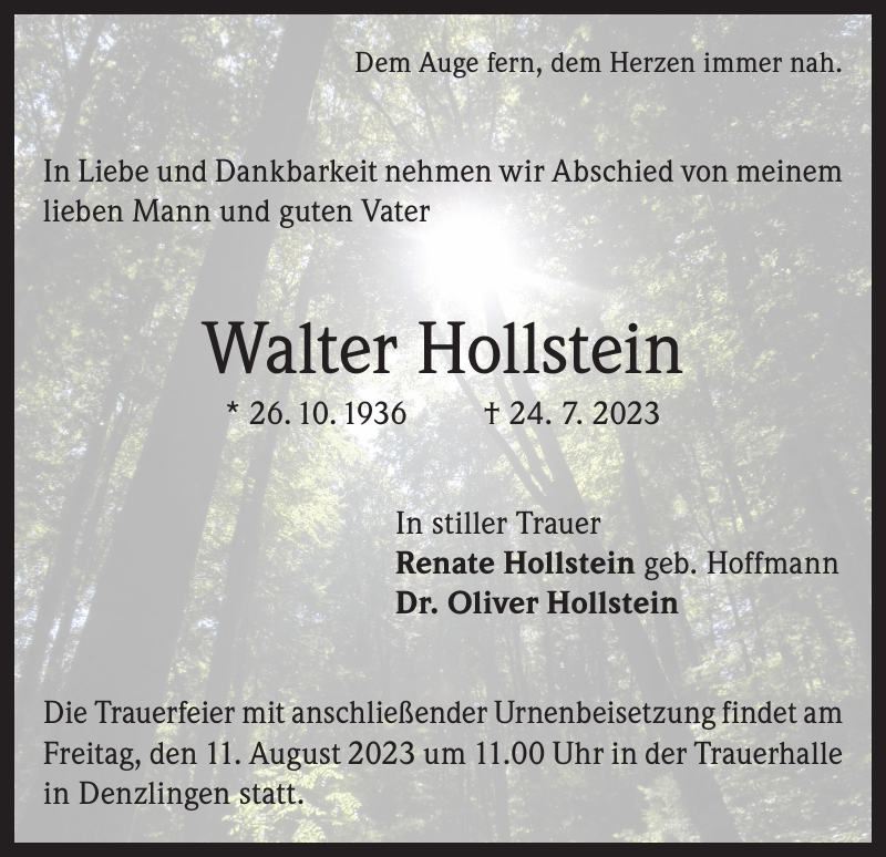 Walter Hollstein: Traueranzeige : Badische Zeitung