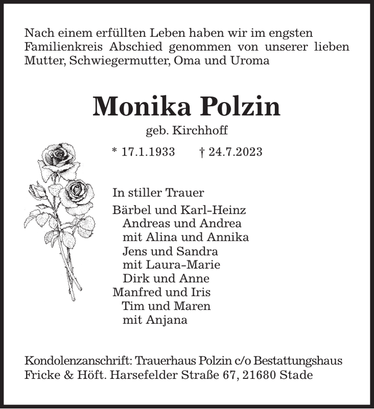 Monika Polzin: Traueranzeige : Stader Tageblatt
