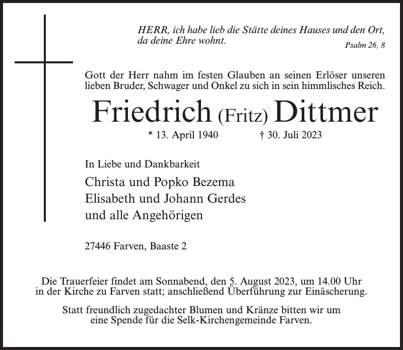 Friedrich Dittmer: Traueranzeige : Bremervörder Zeitung
