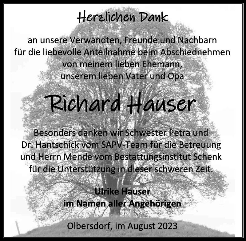 Richard Hauser: Traueranzeige : Sächsische Zeitung