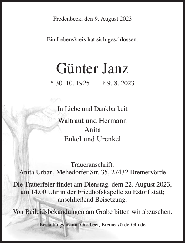 Günter Janz: Traueranzeige : Stader Tageblatt