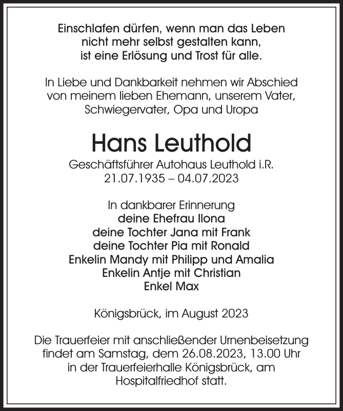 Hans Leuthold: Traueranzeige : Sächsische Zeitung