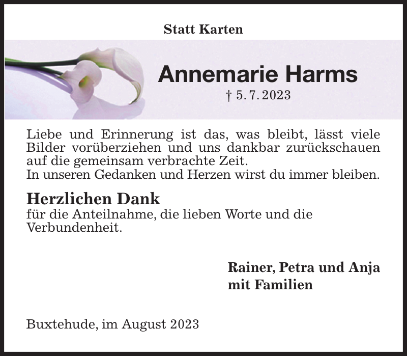 Annemarie Harms: Danksagung : Stader Tageblatt