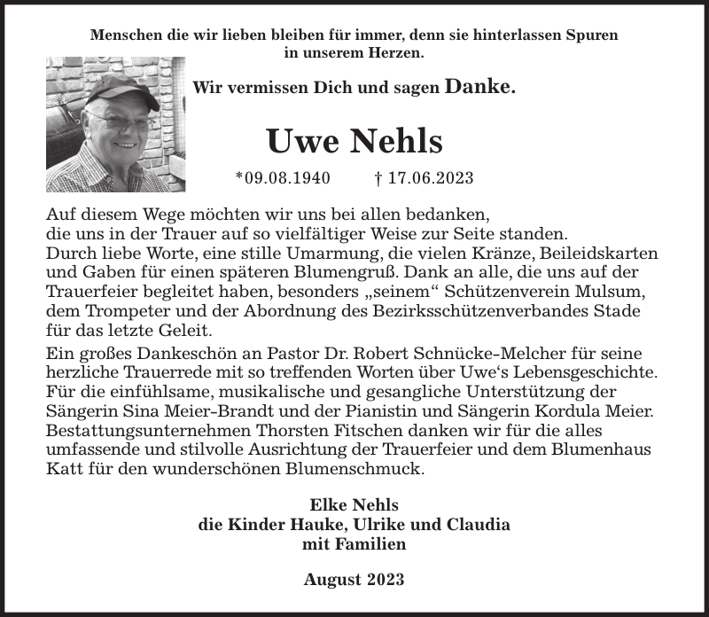 Uwe Nehls: Danksagung : Stader Tageblatt