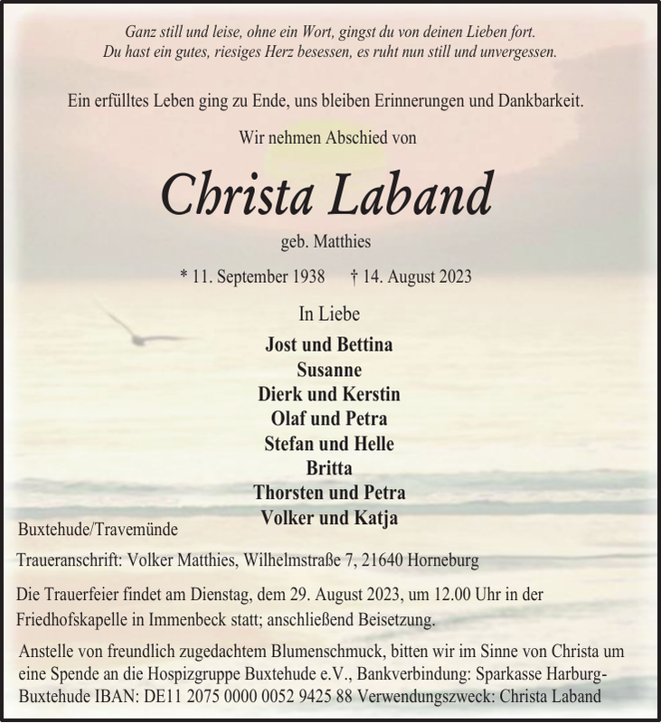 Christa Laband: Traueranzeige : Stader Tageblatt