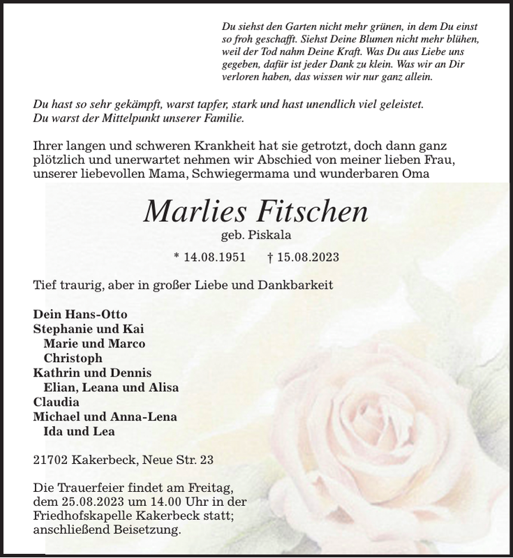 Marlies Fitschen: Traueranzeige : Stader Tageblatt