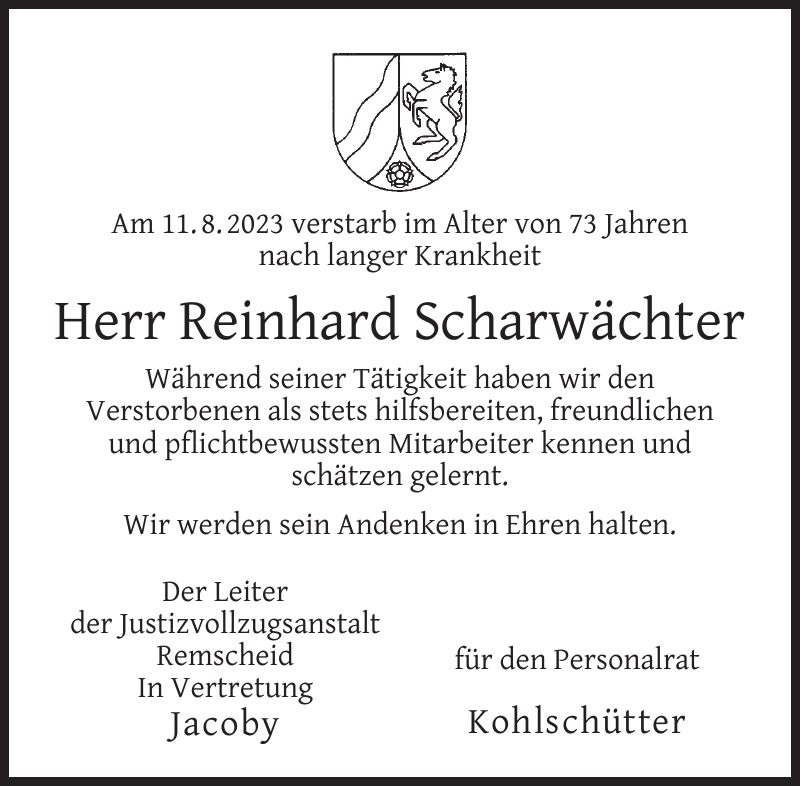 Nachruf Reinhard Scharwächter: Traueranzeige : Remscheider General-Anzeiger